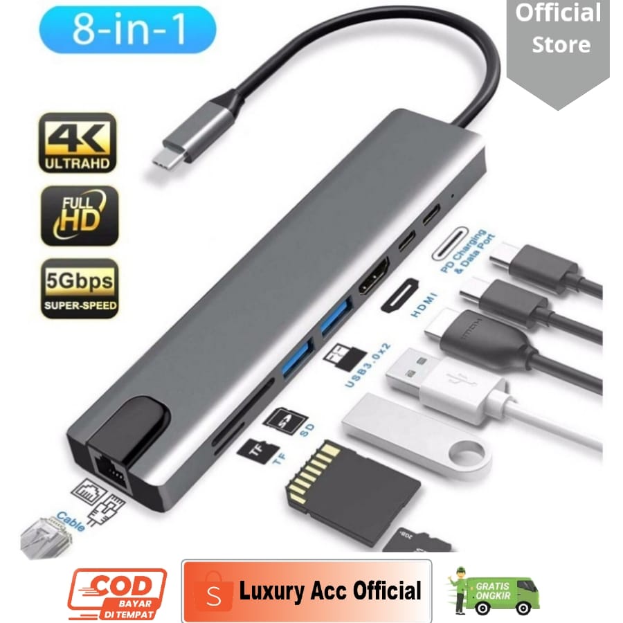 Jual HUB Converter 8 in 1 USB Type C HDTV VGA RJ45 Aux 3.5mm Macbook ...