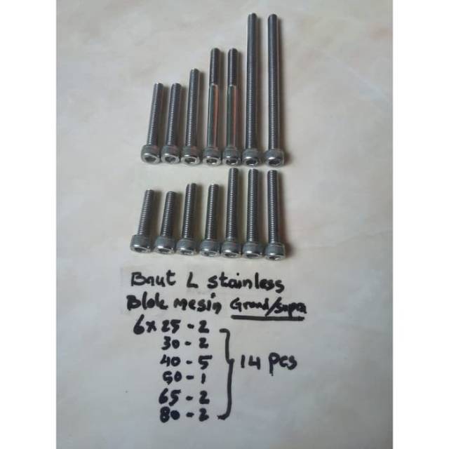 Jual Baut blok mesin L set stainless grand/supra | Shopee Indonesia