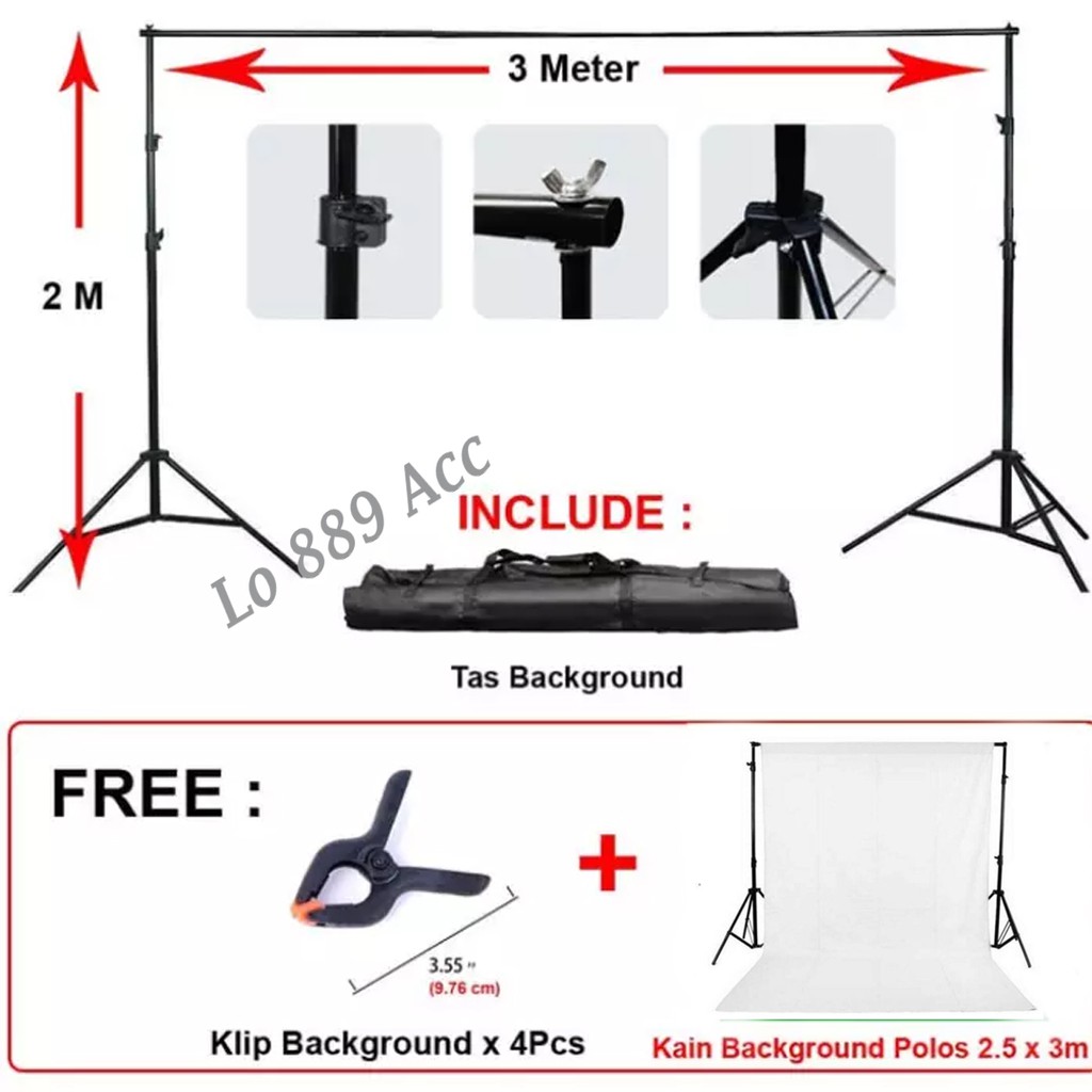 Jual Paket stand background foto Studio Kain Putih Backdrop 2,5 x 3 ...