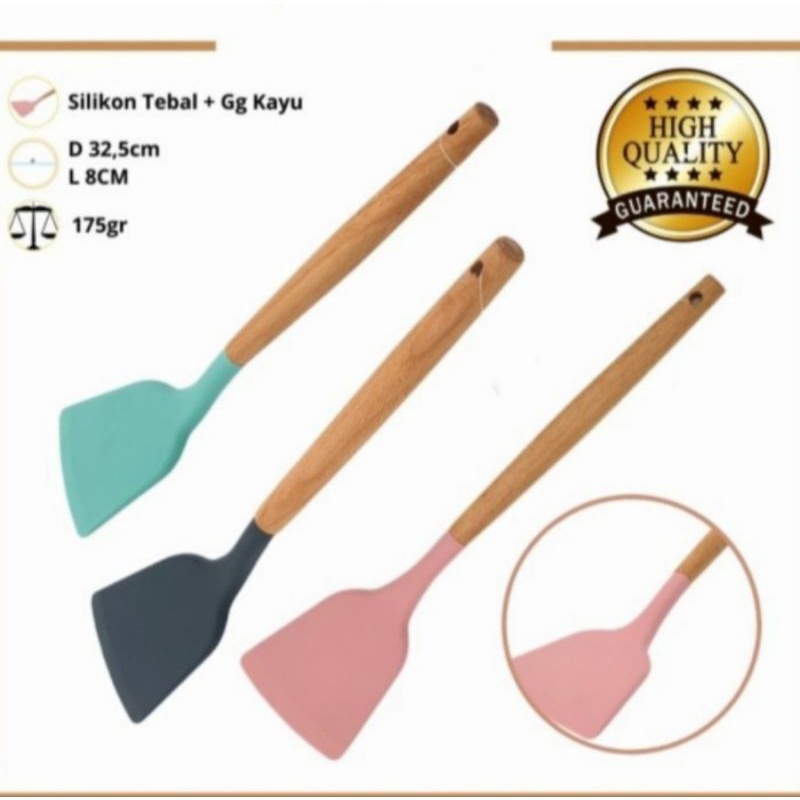 Jual spatula sutil silikon gagang kayu/sodet silicone tahan panas | Shopee Indonesia