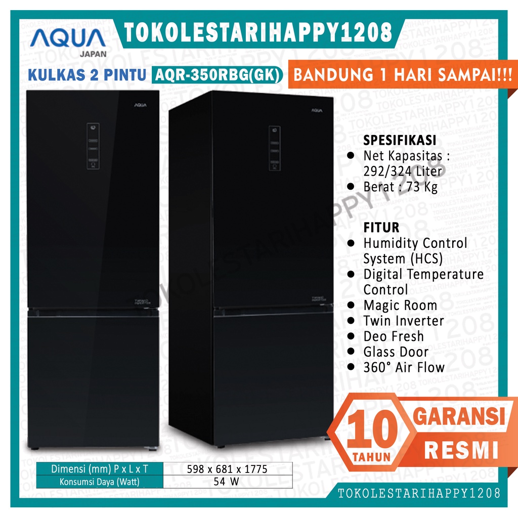Jual KULKAS 2 PINTU AQUA FREEZER BAWAH AQR-350RBG(BK) AQR 350 RBG BK ...