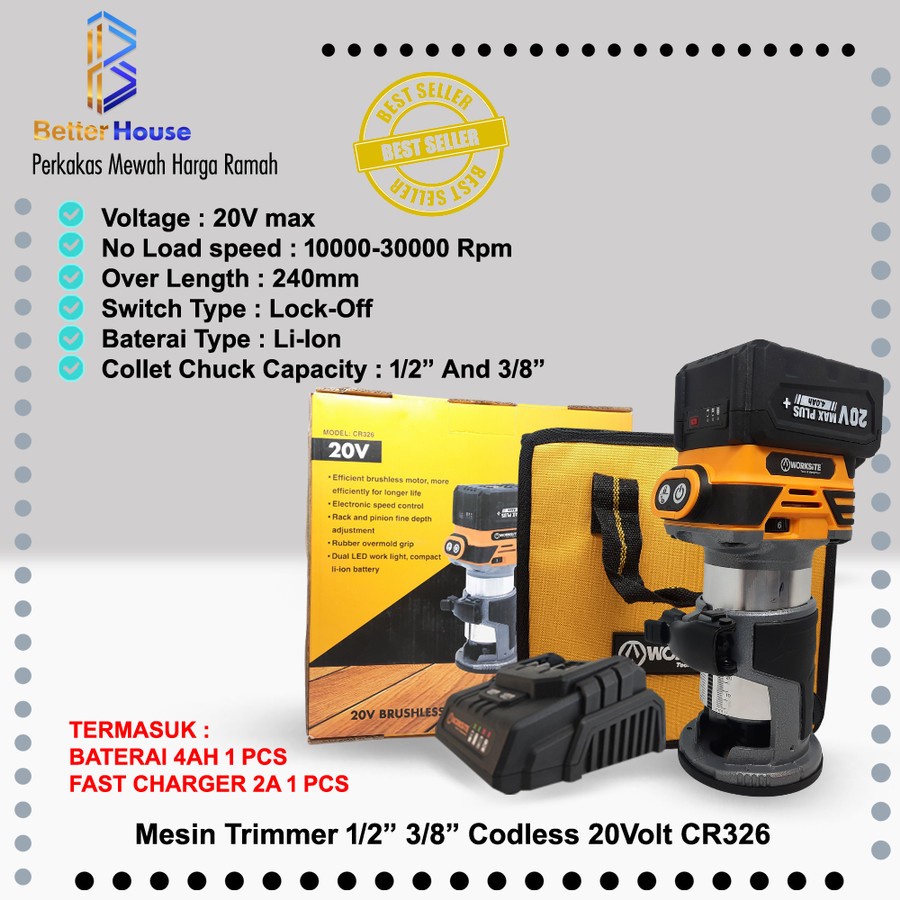 Jual Mesin Trimmer Router Profil Kayu Cordless 20V Worksite CR326 BC4A ...