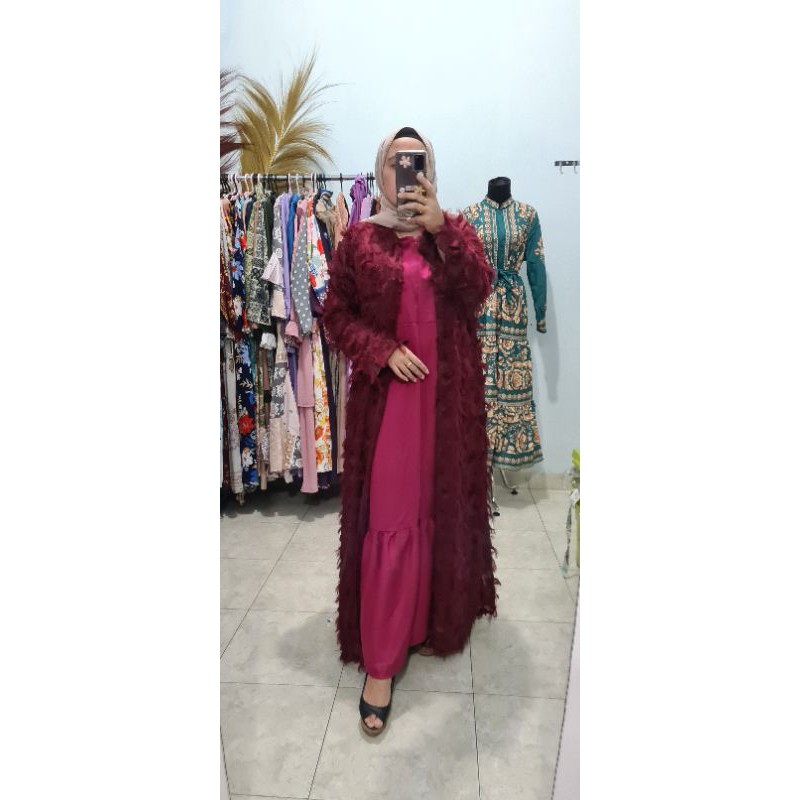 Jual Gamis outer bulu-bulu maron dan kuning | Shopee Indonesia