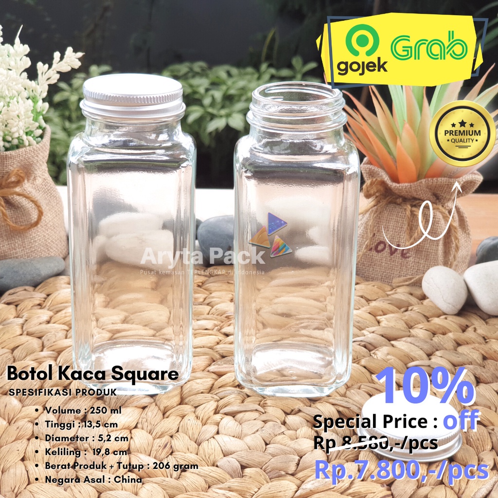 Jual Botol kaca bening 250ml square kotak minuman jus susu kopi tutup aluminium silver | Shopee ...