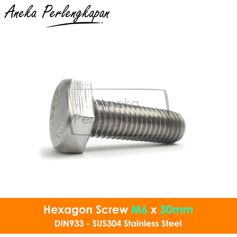 Jual DIN933 Hexagon Screw / Baut Hexa Stainless Steel M6 x 30mm ...