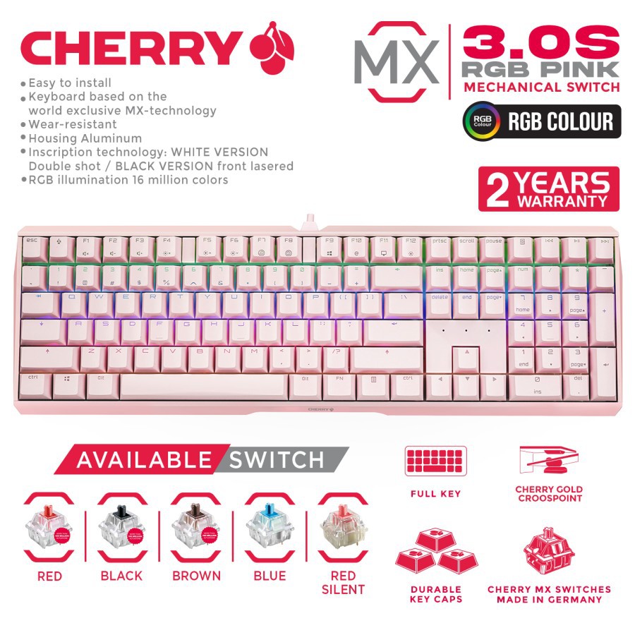 Jual Cherry MX Mechanical Gaming Keyboard Pink RGB Full Keys - MX 3.0S ...