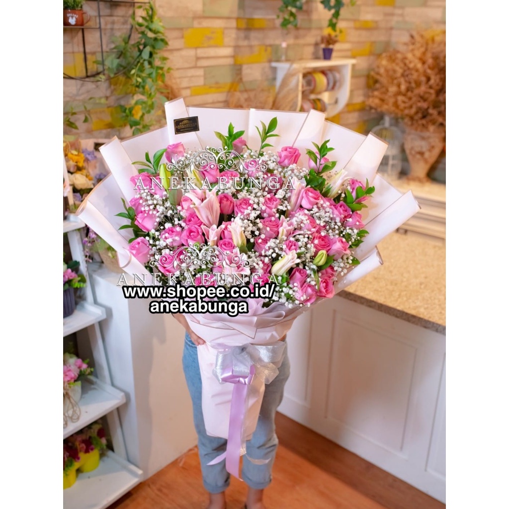 Jual Rangkaian Buket Bunga Mawar Pink Segar Mewah Asli Premium Rose ...