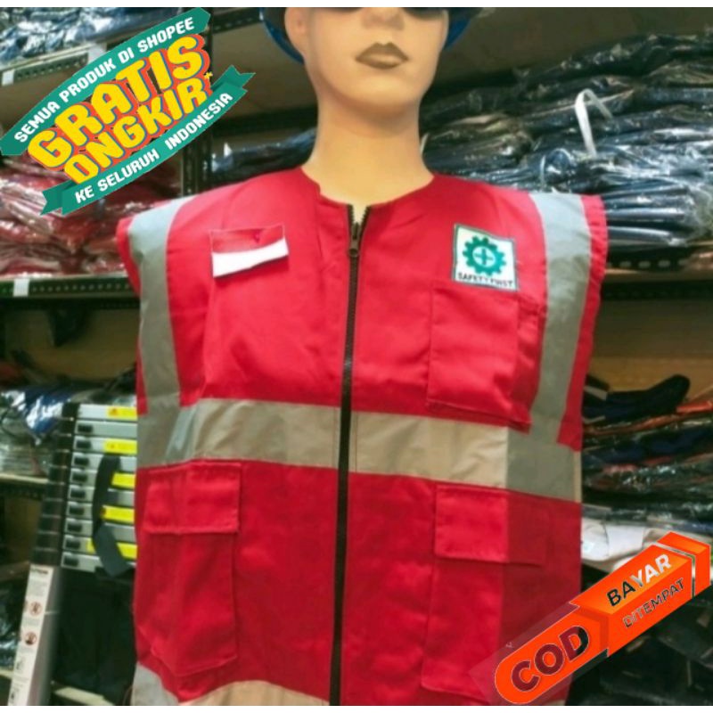 Jual rompi safety proyek bahan drill warna merah + k3 dan bendera ...