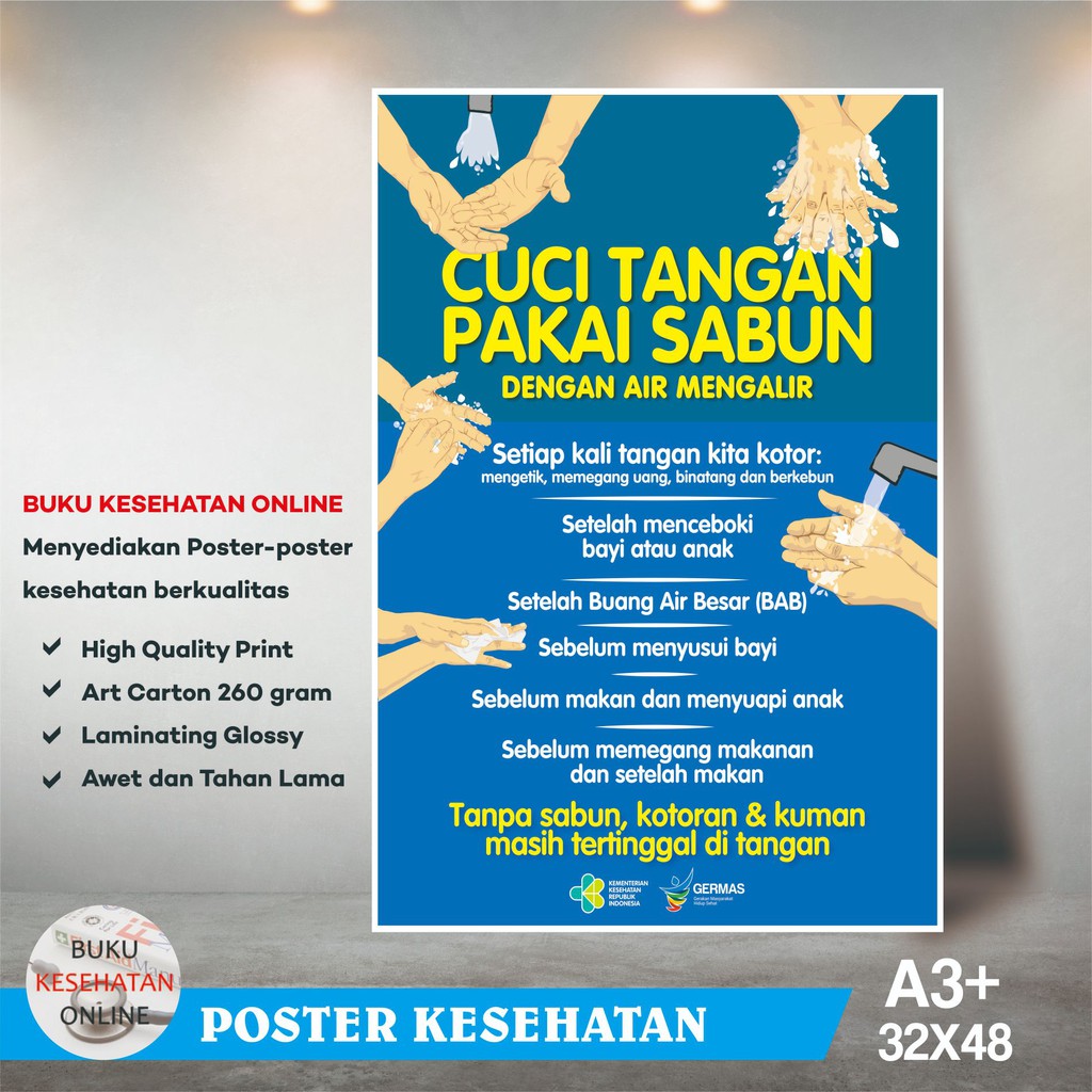 Jual Poster Kesehatan Cuci Tangan Pakai Sabun Dengan Air Mengalir ...