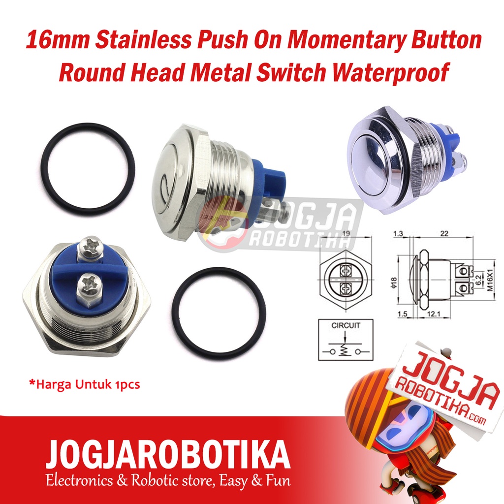 Jual 16mm Stainless Push On Momentary Button Round Head Metal Switch ...