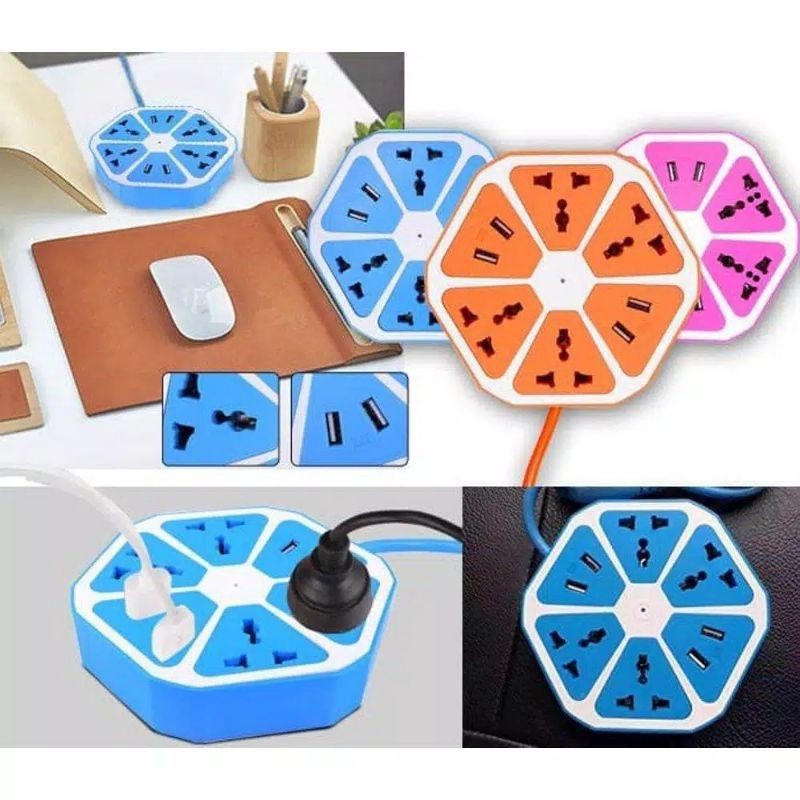 Jual Stop kontak listrik dan usb hexagon 4 usb socket + 4 colokan ...