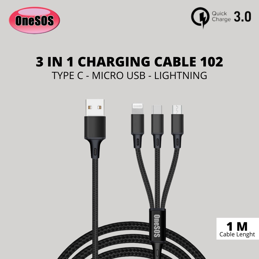 Jual OneSOS Nylon Kabel Data 3in1 Micro USB Type C Lightning 3A QC ...