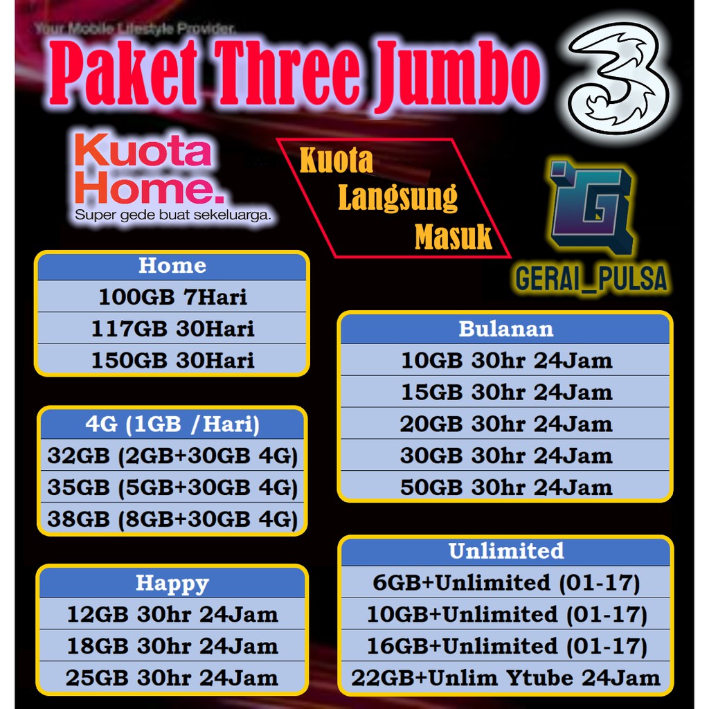 Jual Paket Data Internet Tri Aon Three Kuota Jumbo Happy 3 Unlimited ...