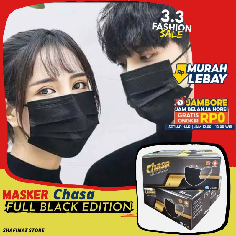 Jual SHAF Masker Chasa Hitam 3 Ply Earloop BNPB 1 Box Isi 50 pcs Full ...