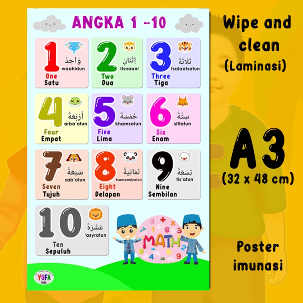 Jual 100 Poster angka 1 - 10 3 bahasa- Poster Edukasi Anak - Poster ...