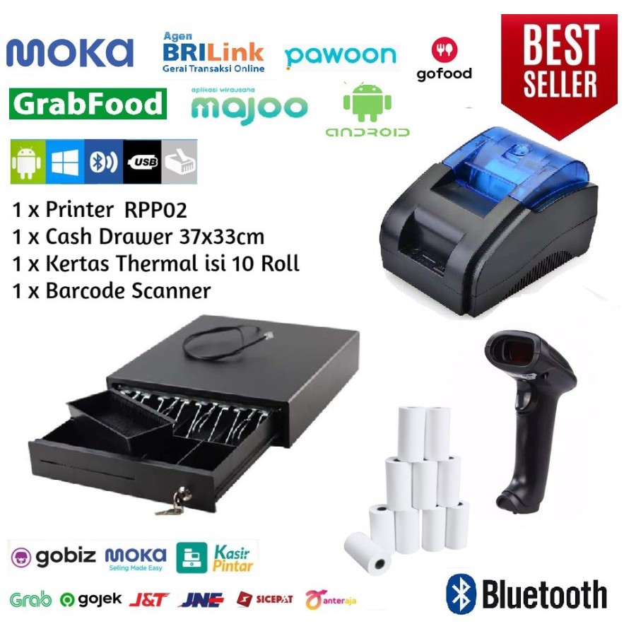 Jual Paket Alat Kasir Cash Drawer Printer Bluetooth Scanner Barcode 1D Untuk Warung sembako ...