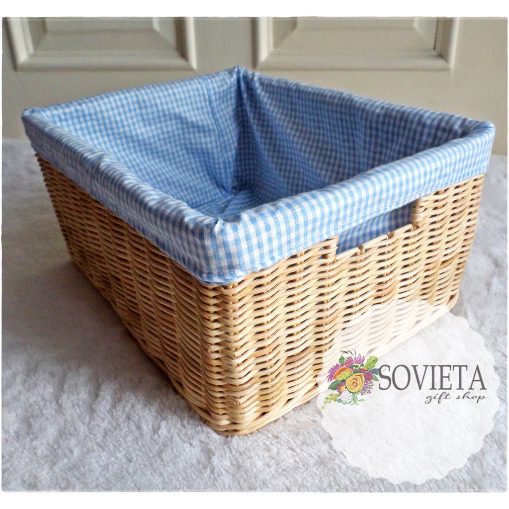 Jual Kotak Rotan Keranjang Natural Kain Kotak-Kotak Shabby - Biru Muda ...