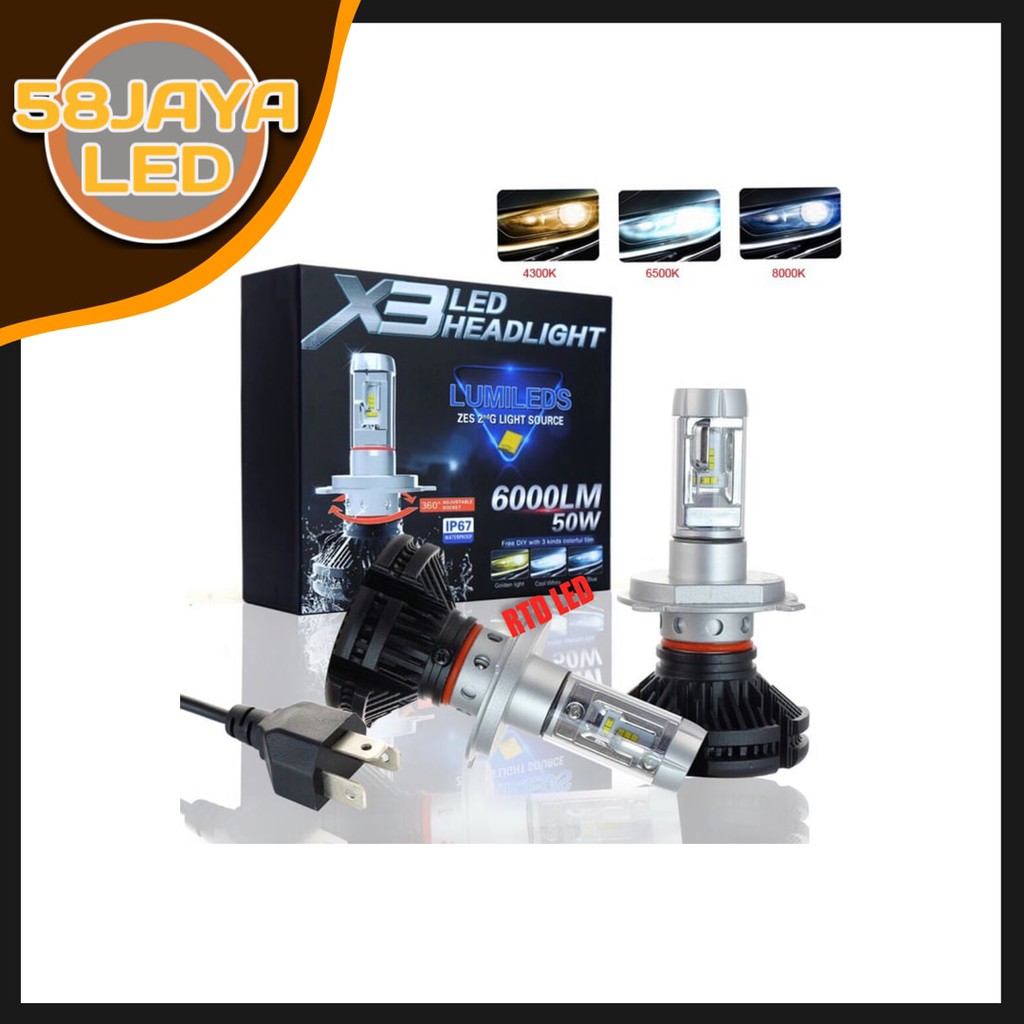 Jual Lampu Led Mobil X3 Lumileds 3 Warna H4 50 Watt isi 2Pcs Sepasang R056 | Shopee Indonesia