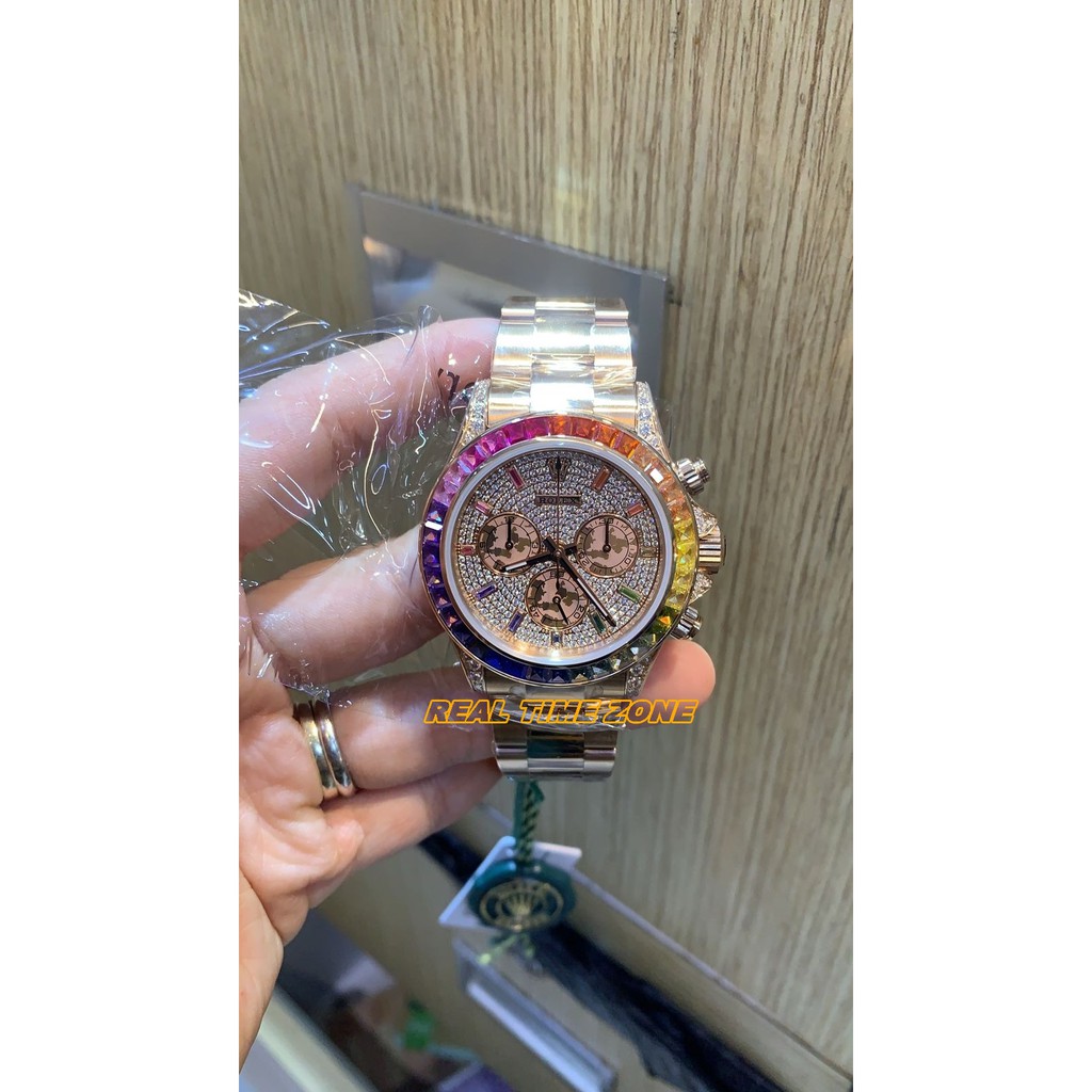 Jual JAM REAL ROLEX DAYTONA DIAMOND RAINBOW ROSEGOLD SWISS ETA CLONE ...