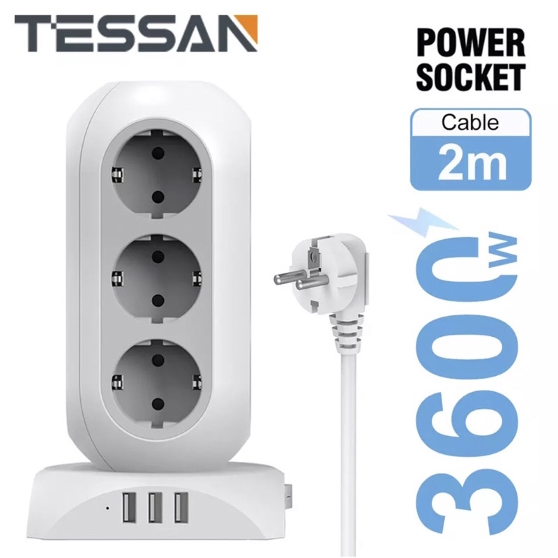 Jual TESSAN TPS02-DE Stop Kontak 12 AC Power & 3 USB Port Extension ...