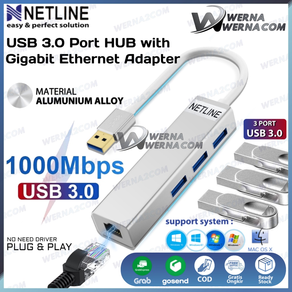 Jual NETLINE USB 3.0 port HUB with gigabit ethernet adapter 4 in 1 ...