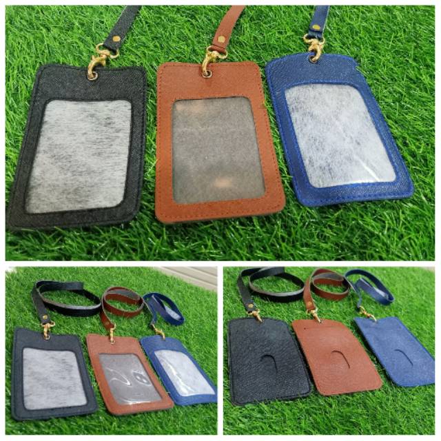 Jual Name Tag Id Card Tali kulit 2 Slot Card Hitam Coklat Biru Satuan ...