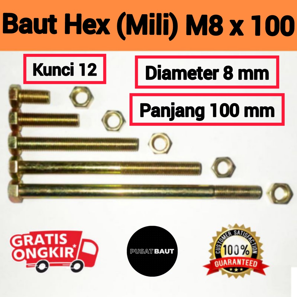 Jual (10 PCS) M8 x 100 Baut Kunci 12 Baut Mur M8x100 Kuning Hex Besi Galvanis Drat Halus ...