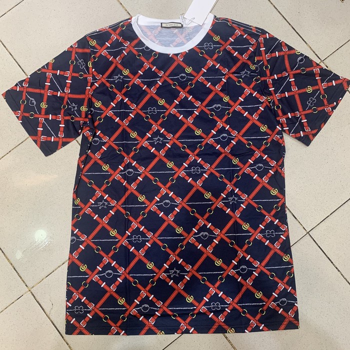 Jual Unik Kaos Katun Pria Gucci Intertwining Belt Grid Navy Red Premium ...