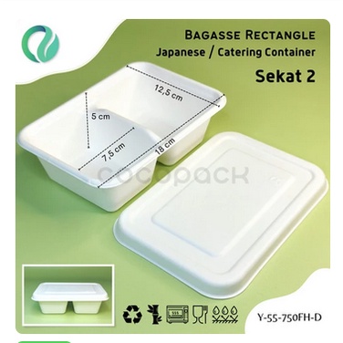 Jual Tempat Makan Ramah Lingkungan - Bagasse Rectangle Japanese Container 2 Sekat with Pulp Lid ...