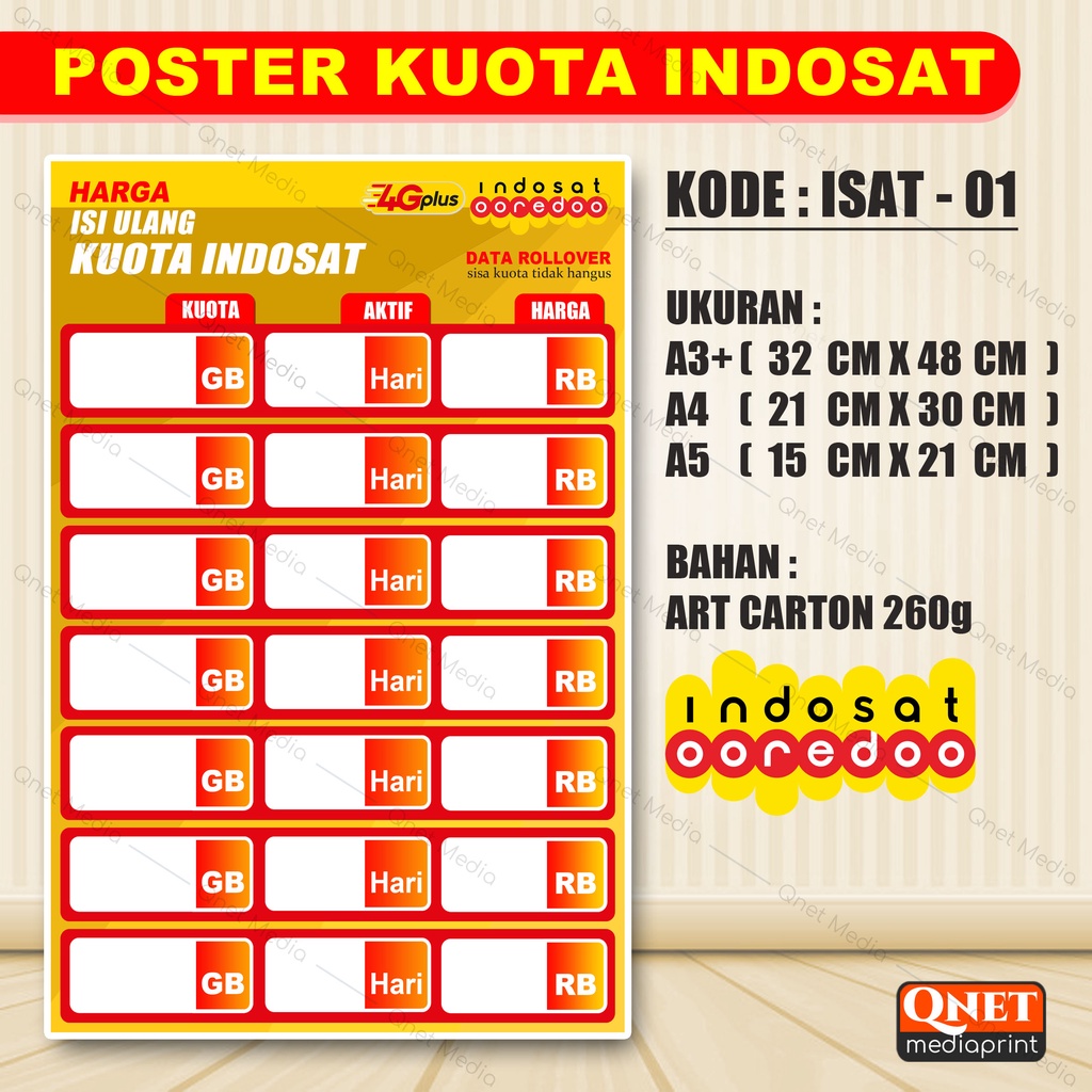 Jual POSTER KONTER DAFTAR HARGA KUOTA INDOSAT (CUSTOM) | Shopee Indonesia