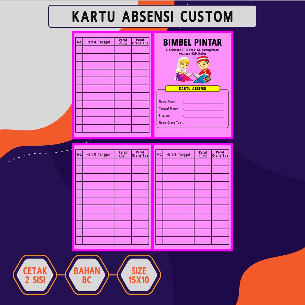 Jual Kartu Absensi Custom / Kartu Absensi Bimbel Les (50 Pcs) | Shopee ...