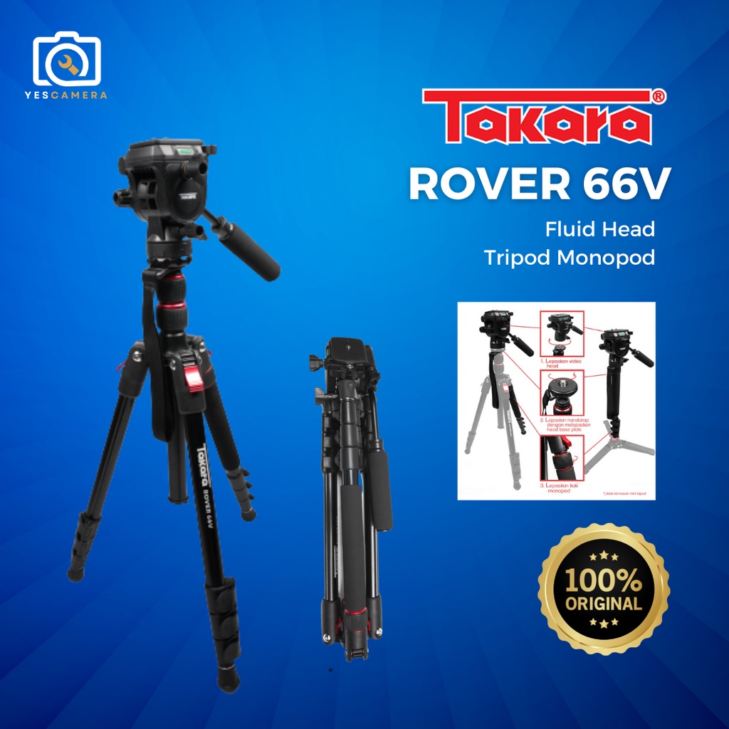 Jual TAKARA ROVER 66V Fluid Head Compact 2 in 1 Traveller Tripod ...