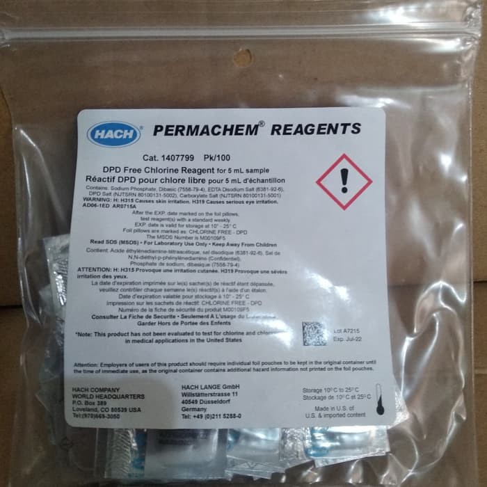 Jual HACH 1407799, DPD Free Chlorine Reagent Powder Pillows, 5 mL, PK ...
