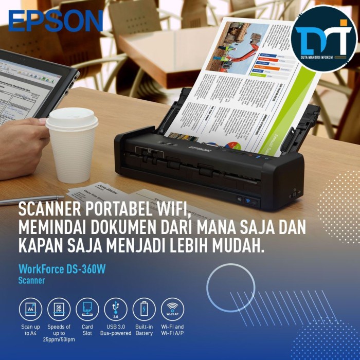 Jual SCANNER EPSON WORKFORCE DS-360W WI-FI PORTABLE SHEET-FED DOCUMENT ...