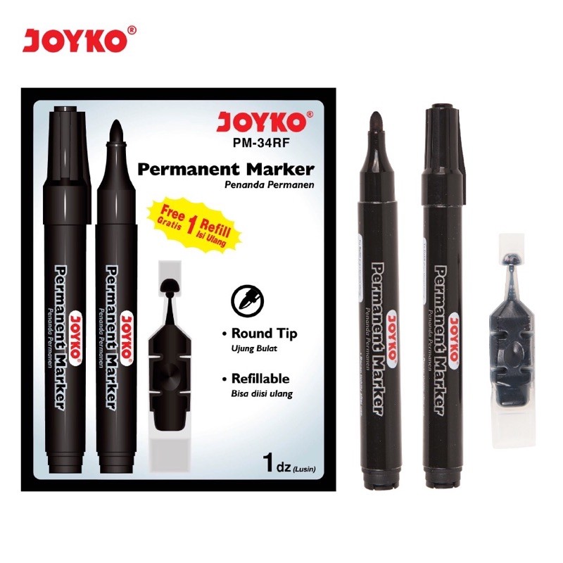 Jual Permanent Marker Spidol Permanen Joyko PM-34RF Refillable 1 Box 12 ...