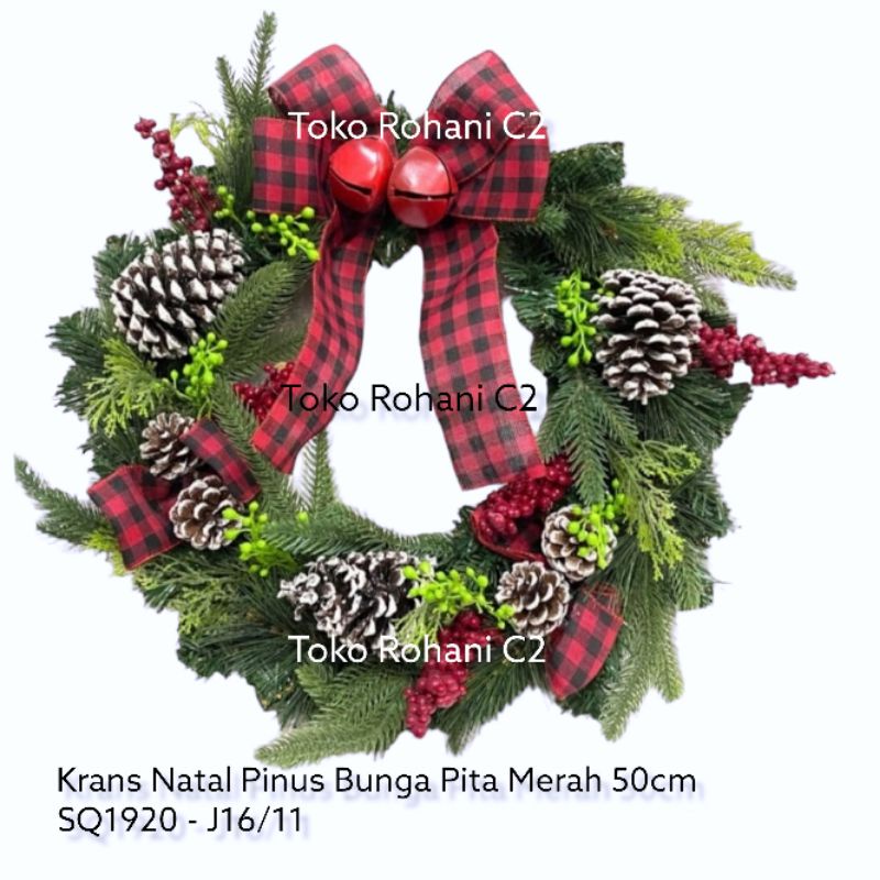 Jual Krans Natal Pinus Bunga Pita Merah 50cm SQ1920 J16/11 - Hiasan ...