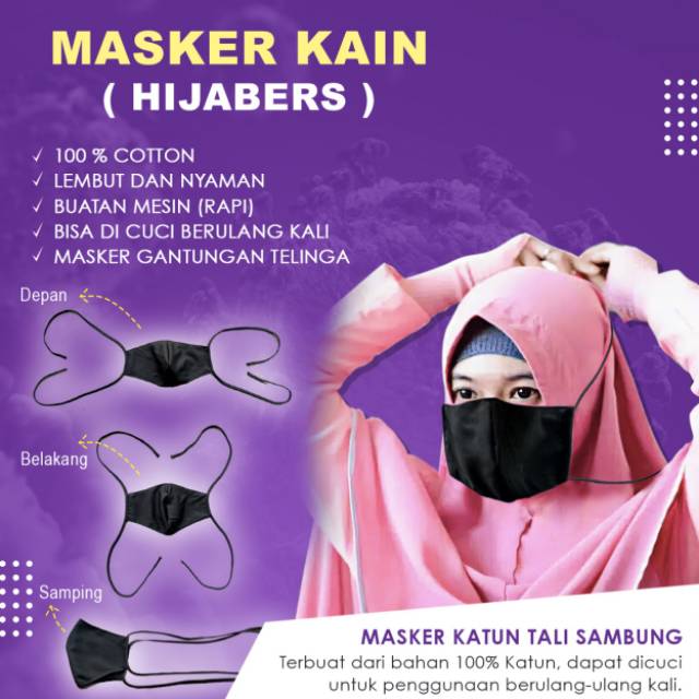 Jual MASKER KAIN HITAM HIJABERS KATUN TALI PANJANG IKAT | Shopee Indonesia