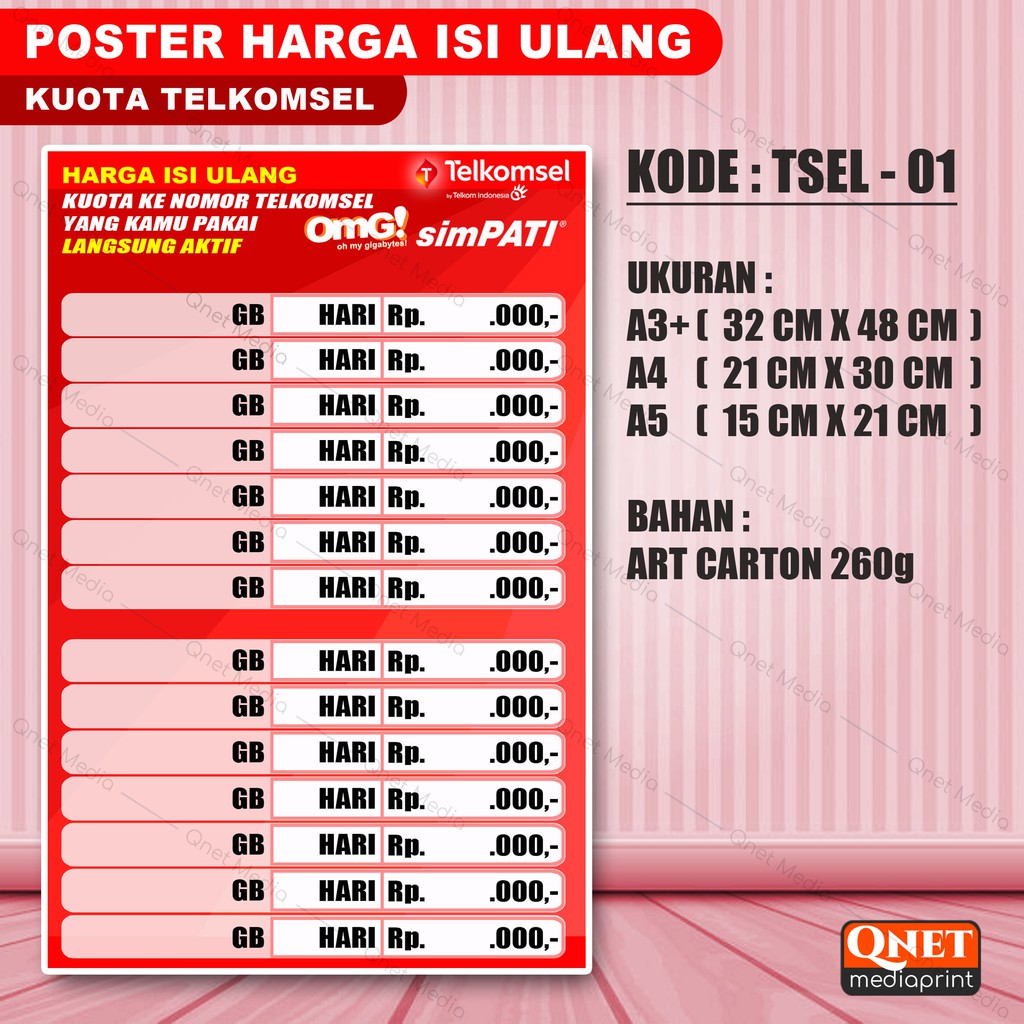 Jual POSTER HARGA ISI ULANG KUOTA ALL OPERATOR ( CUSTOM ) | Shopee ...