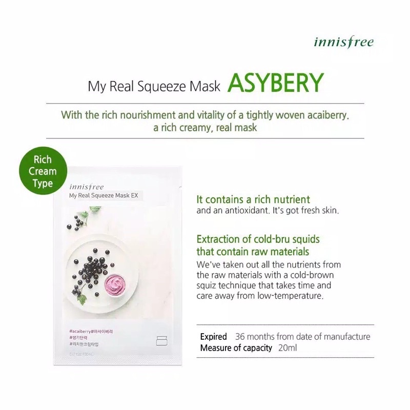 Jual Innisfree Masker Wajah Muka My Real Squeeze Mask Sheet Face 18 Type IF001 | Shopee Indonesia