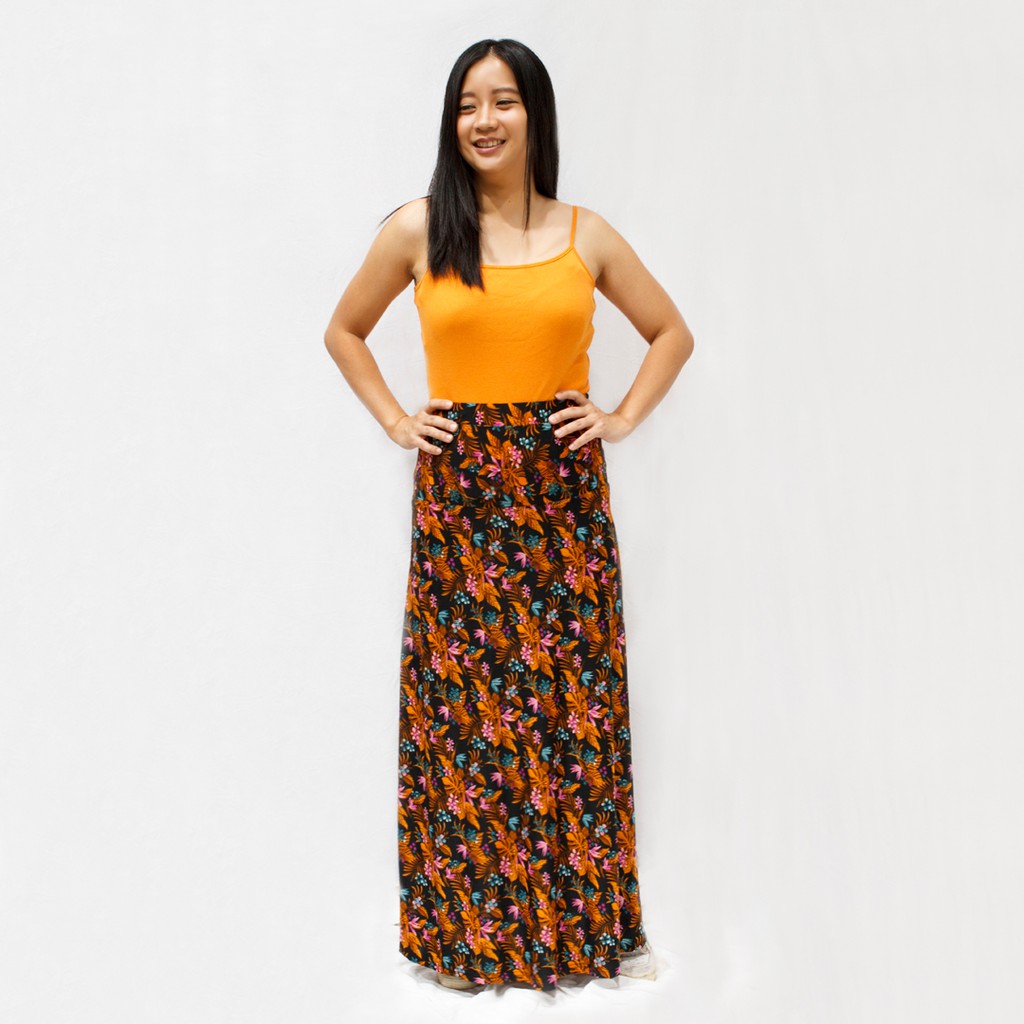 Jual 3H Orange Floral Rok Panjang Wanita Poly Spandex Women's Long Maxi ...