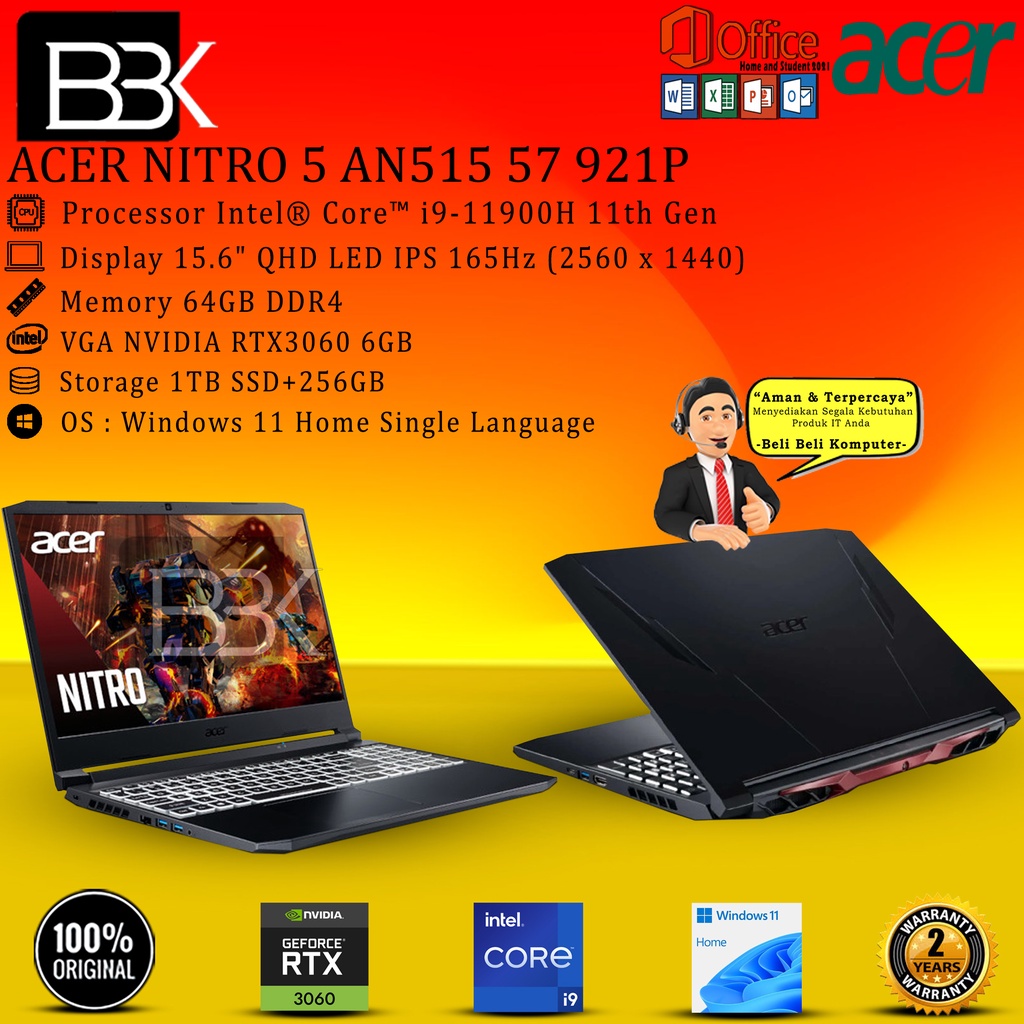 Jual ACER NITRO 5 AN515 57 921P I9 11900H 64GB 1TB+256 RTX3060 6GB 15.6QHD | Shopee Indonesia