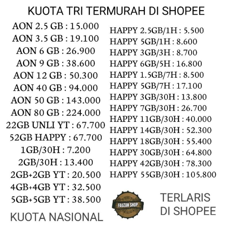 Jual isi ulang kuota tri - kuota tri aon - kuota tri always on - kuota tri happy - kuota youtube ...