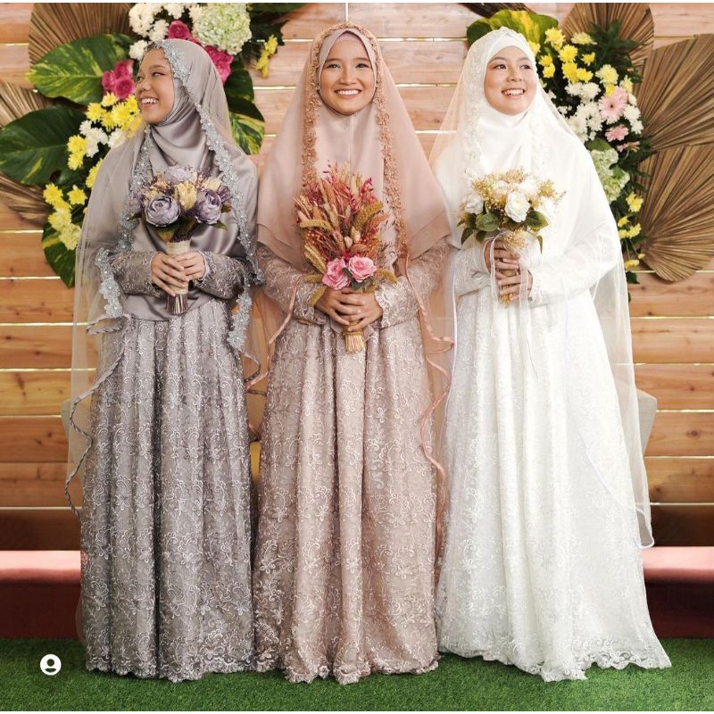 Jual GAMIS SET AKAD SAKINAH GAUN PENGANTIN SYARI DRESS NIKAH PUTIH GREY ...