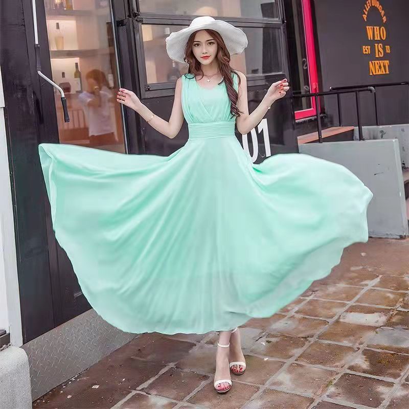 Jual Gaun Panjang Pantai/dress korea/Gaun Sifon Tanpa Lengan/dress ...