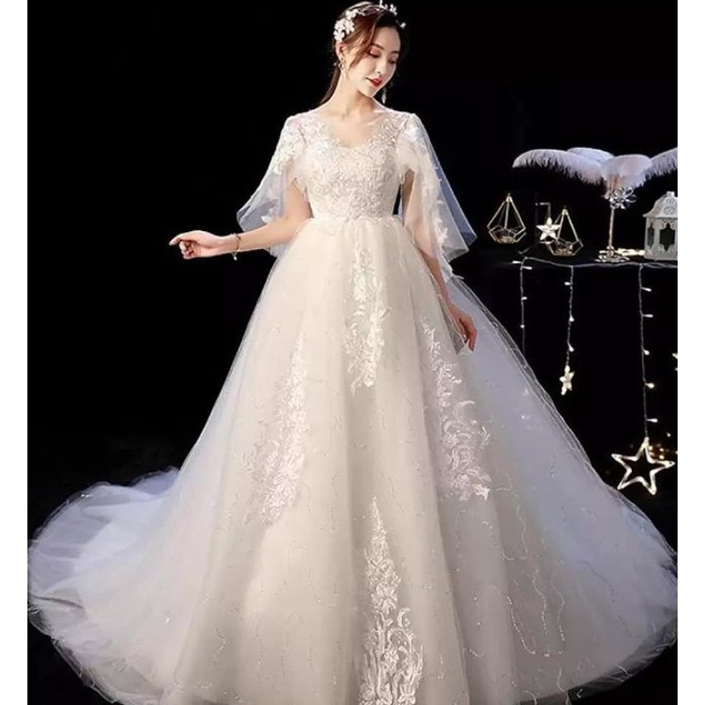 Jual Gaun pengantin ekor white wedding gown lengan pendek | Shopee ...