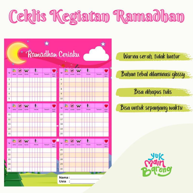 Jual Checklist Ramadhan / lembar kegiatan Ramadhan / jadwal harian anak ...
