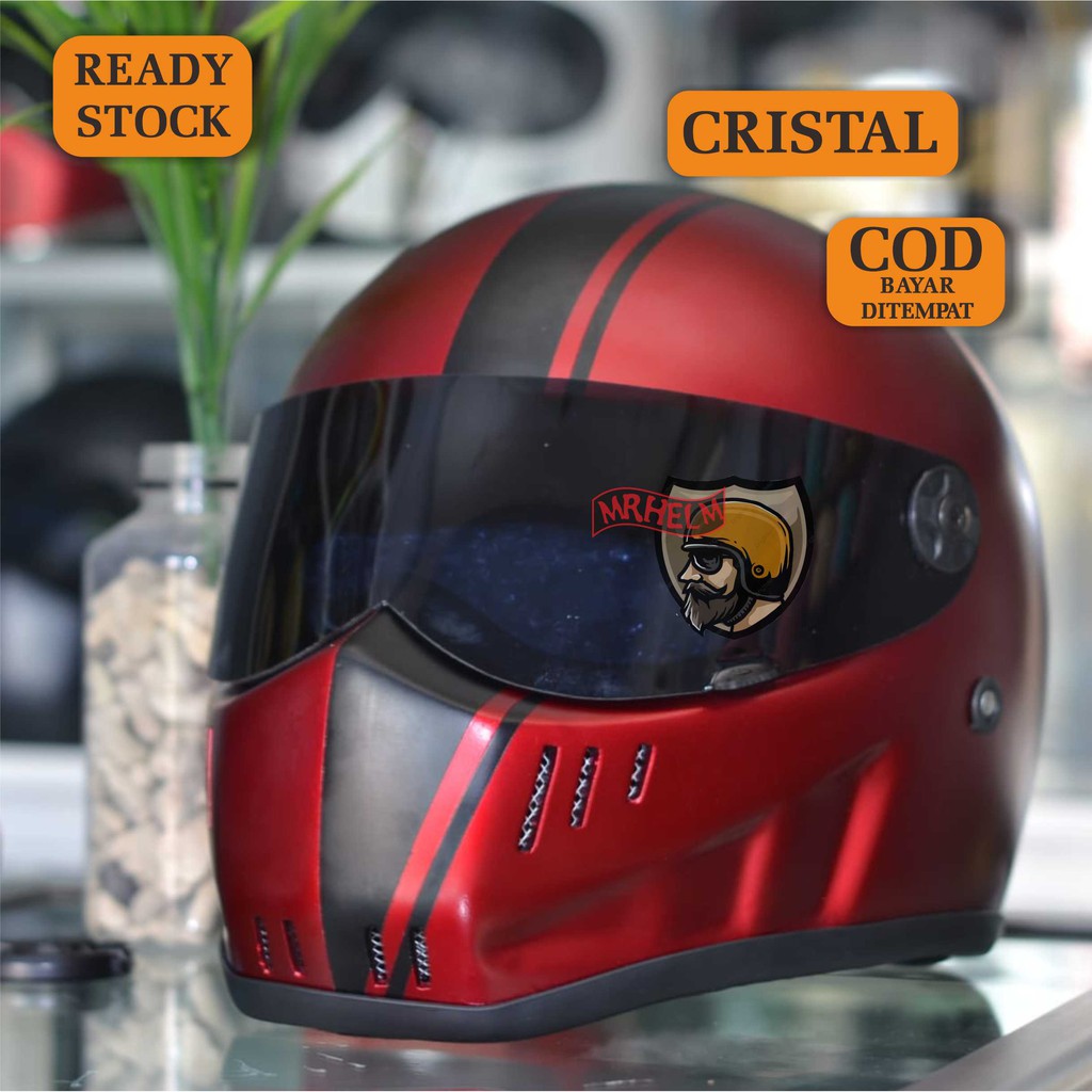 Jual HELM CUSTOM RETRO CRISTAL RED MARUN BLACK WITH VISOR ( MR HELM ...