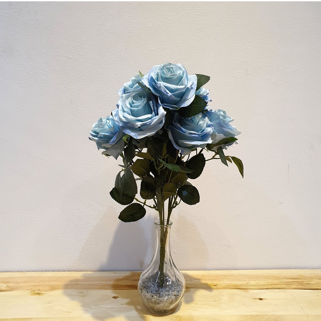Jual Bunga Rose Artificial Import - Biru Muda / bunga plastik /daun ...