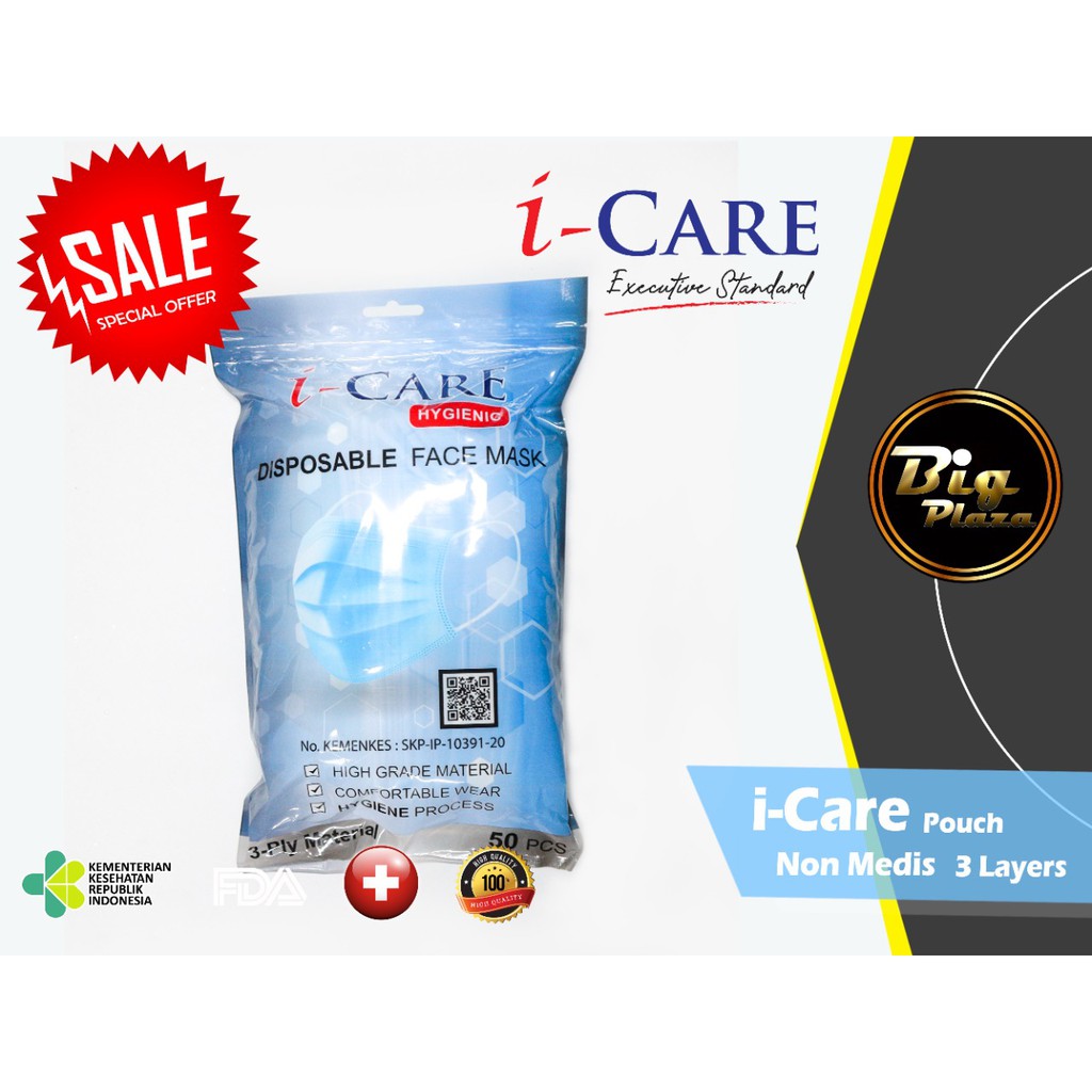 Jual I-Care POUCH Masker Earloop Hygienic 3ply isi 50 pcs Icare ...