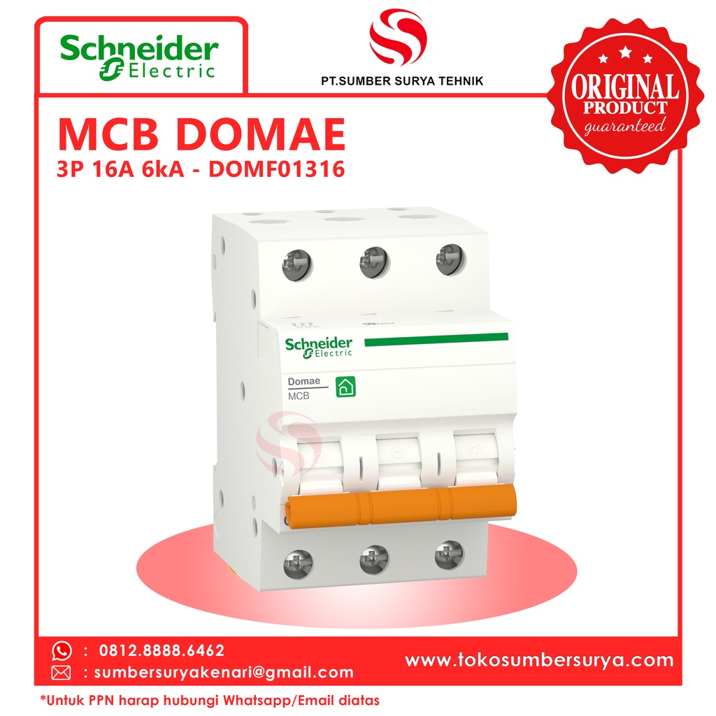Jual MCB Domae 3P 16A 6kA Saklar Listrik ON OFF DOMF01316 Schneider ...